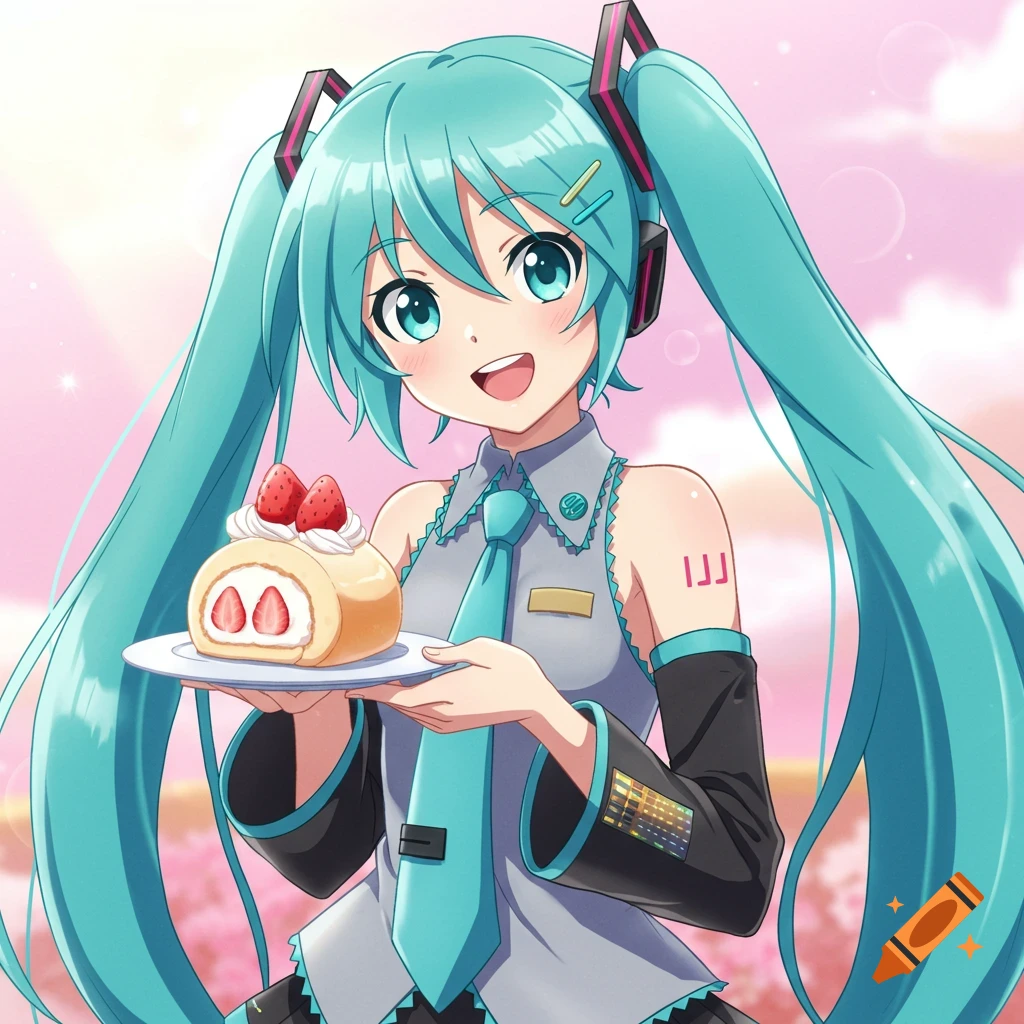 Anime character Hatsune Miku smiles and holds a roll cake. on Craiyon
