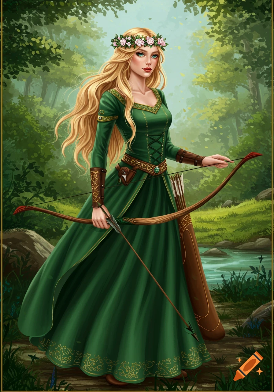 A medieval princess with a flower crown holds a bow and arrow in a ...