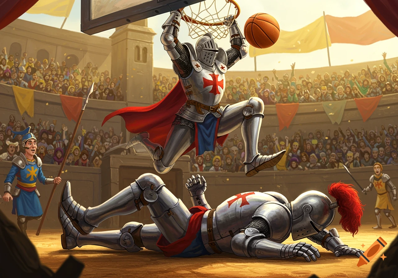 Knight dunks a basketball over another knight in a crowded arena ...