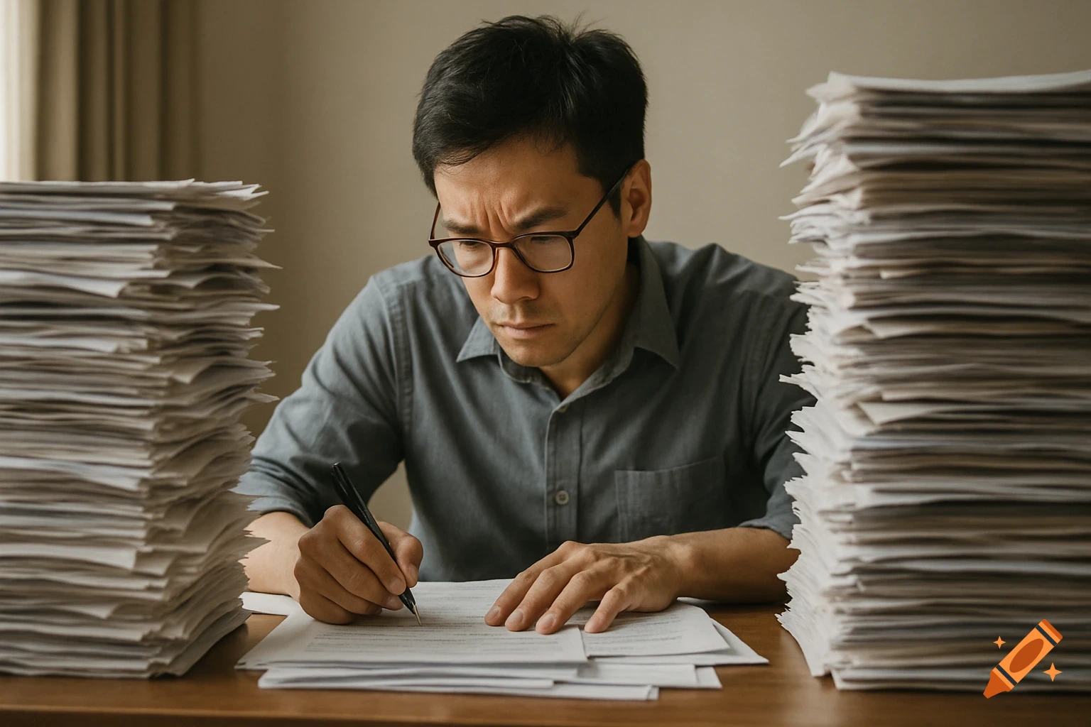 Man writing at a desk piled high with papers. on Craiyon
