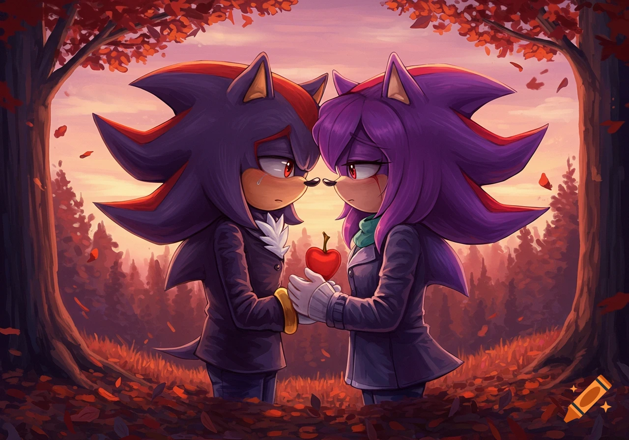 Anime Sonic-style characters in autumn forest holding a heart-shaped ...