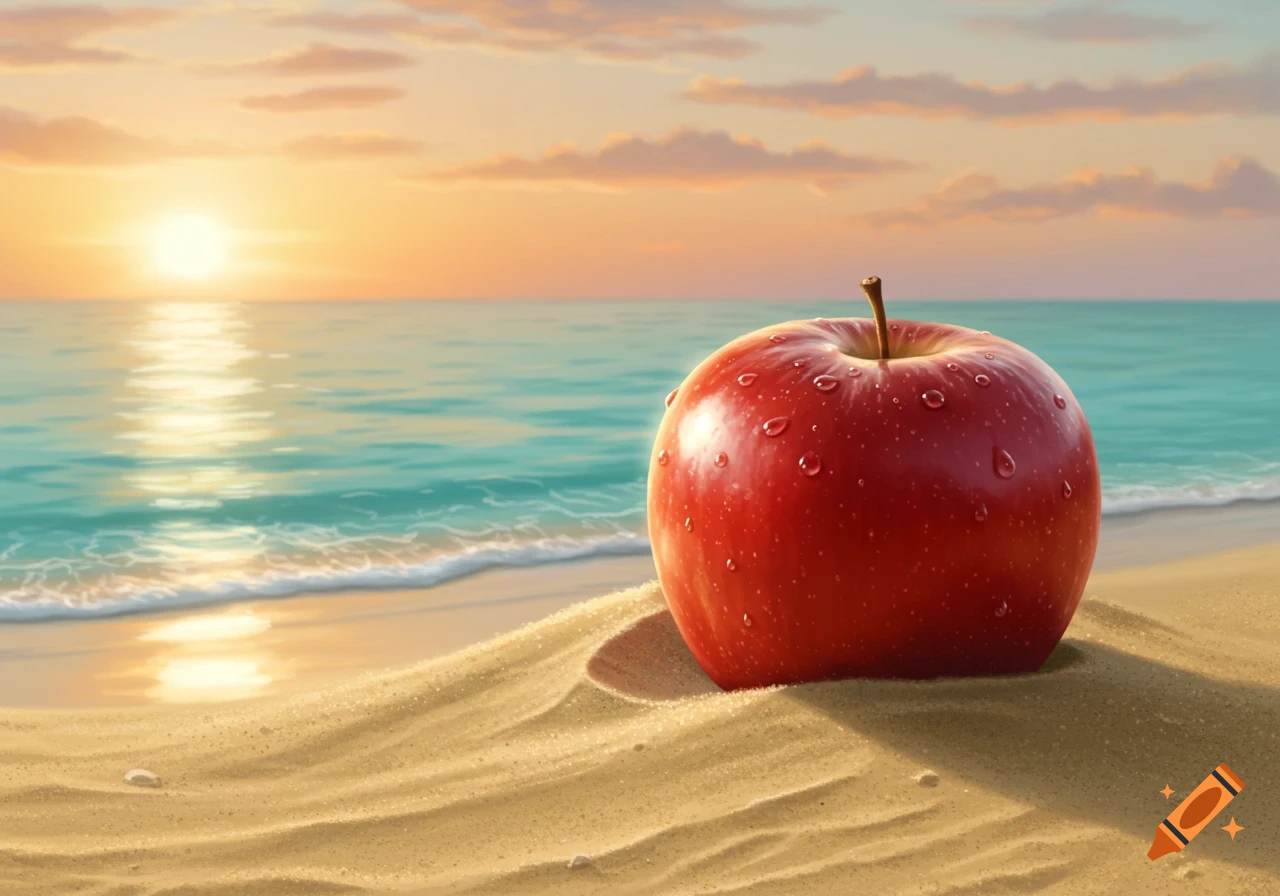A red apple sits on a sandy beach at sunset with the ocean in the ...
