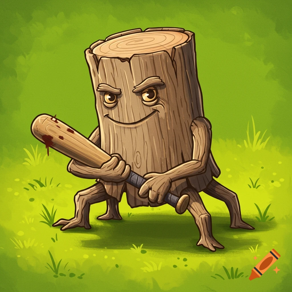 A cartoon tree stump character holding a baseball bat in a grassy field ...