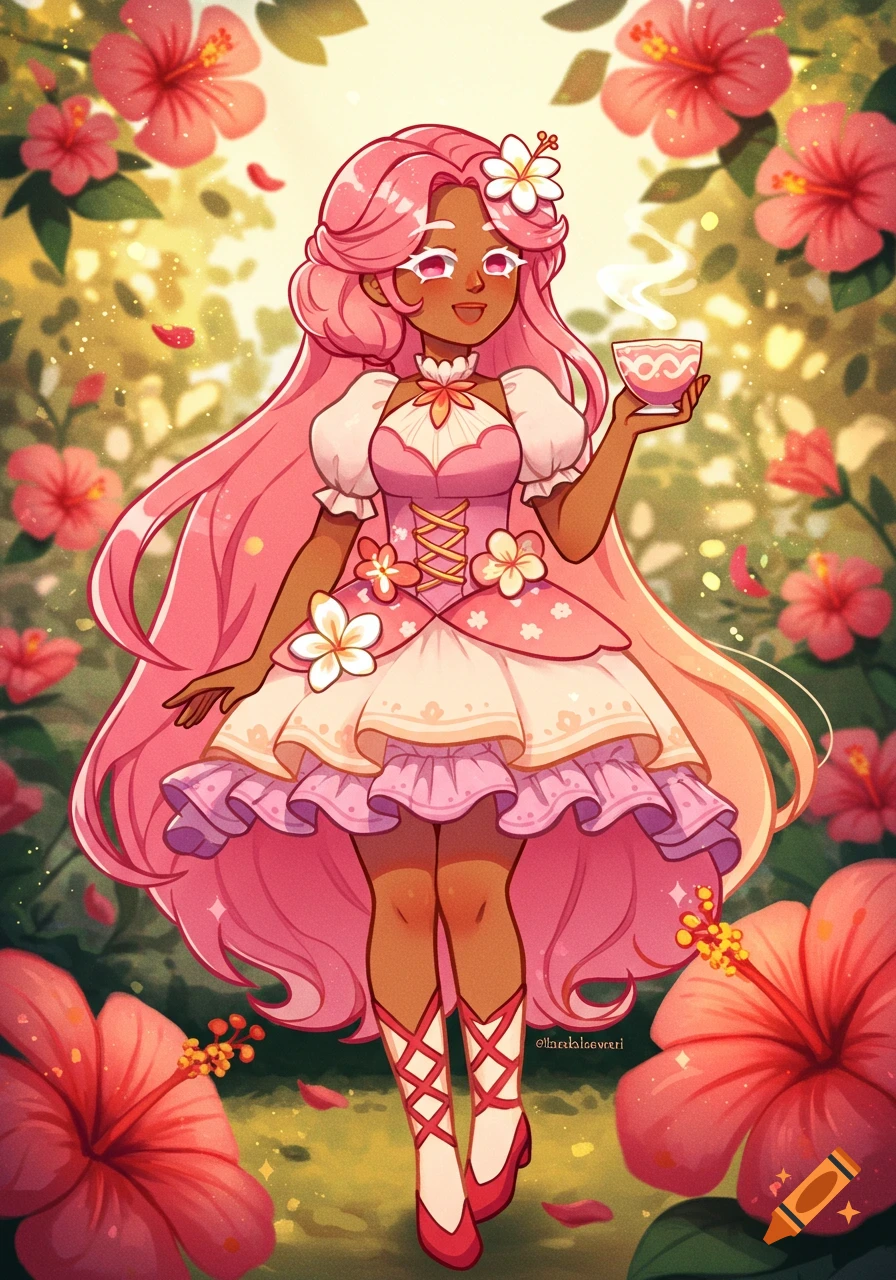 Anime illustration of a character with pink hair holding a teacup among ...