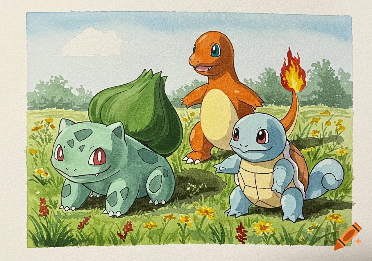 Bulbasaur, Charmander, and Squirtle stand in a grassy field in a ...