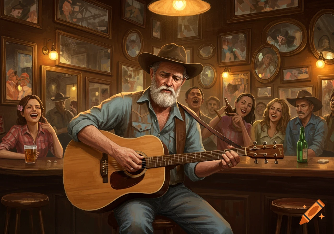An old man with a beard plays an acoustic guitar in a crowded, dusty ...