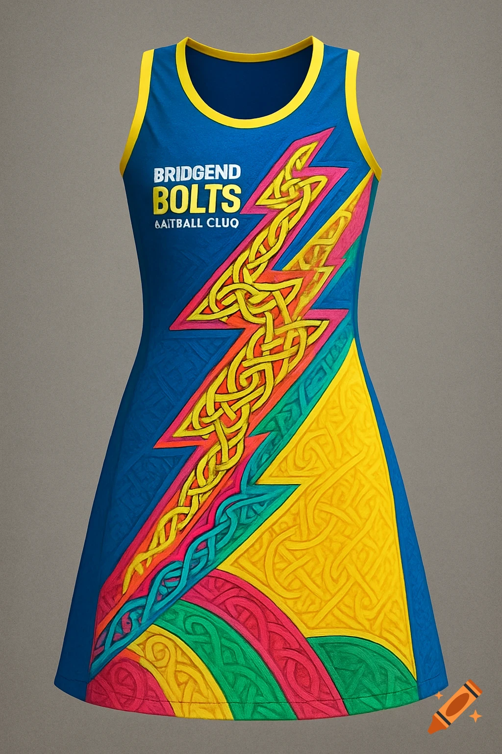 A blue netball dress with yellow trim, featuring a colorful lightning ...