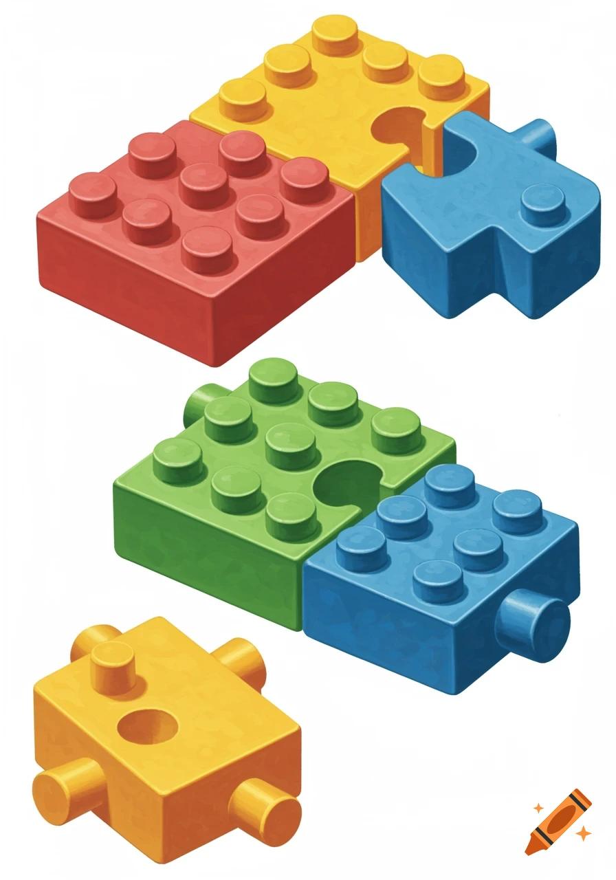 Colorful building blocks and puzzle pieces on a white background. on ...