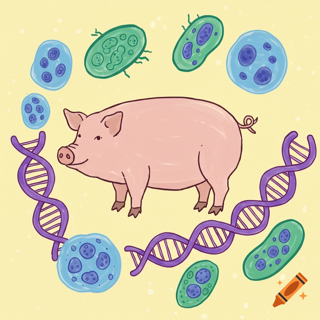 A simple drawing of a pig surrounded by DNA strands and microscopic ...