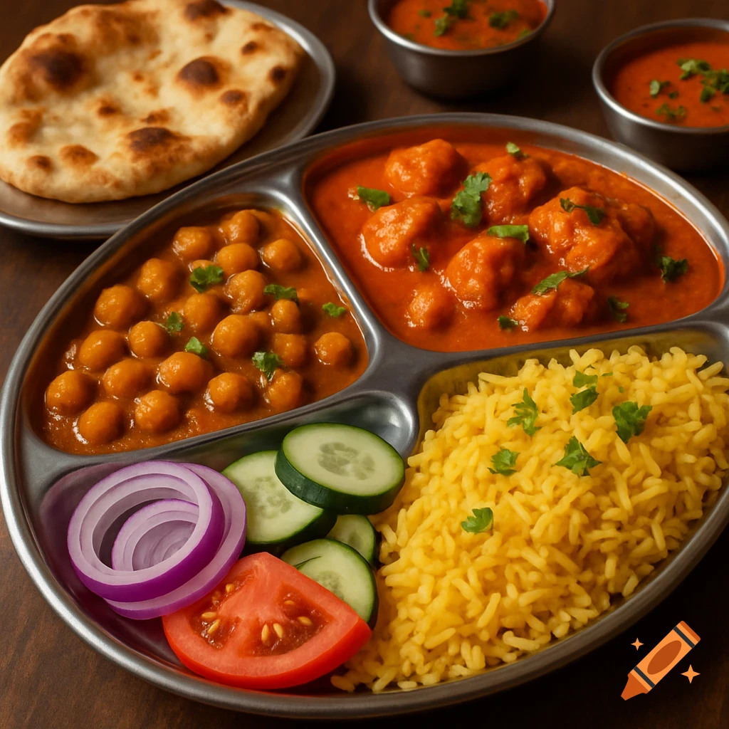 A platter of Indian food with yellow rice, butter chicken, chana masala ...