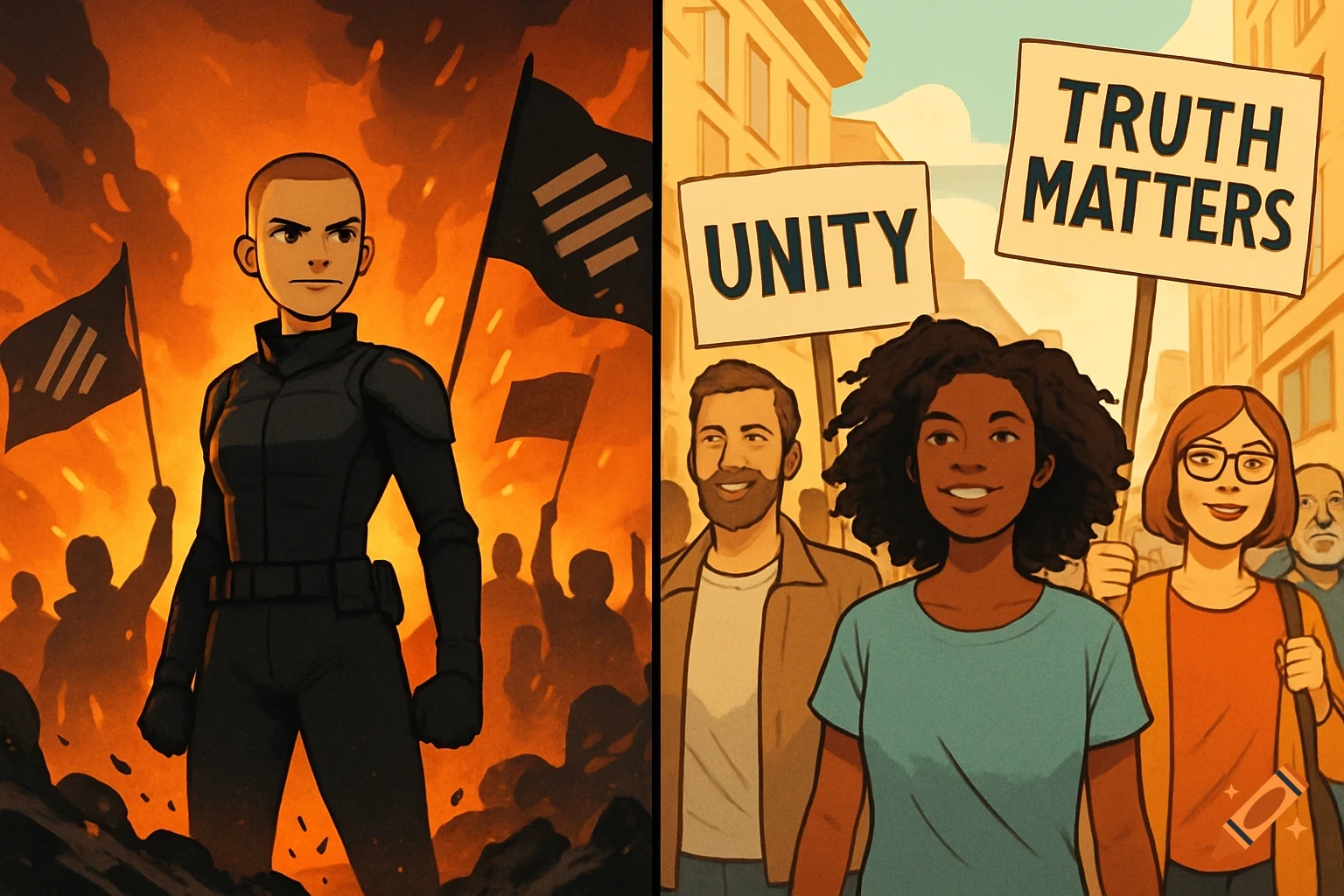 Split screen digital illustration: left side shows a figure in tactical ...