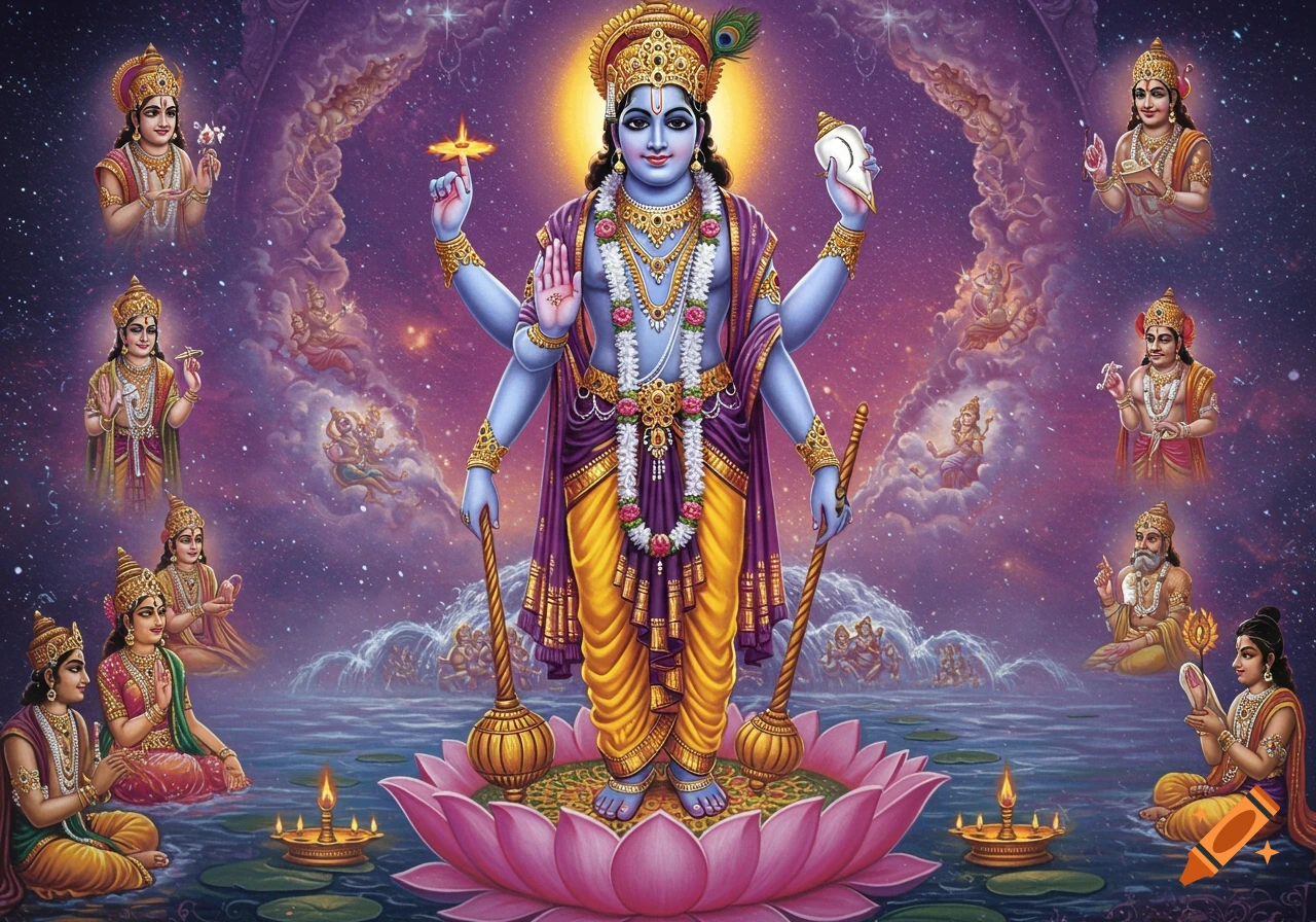 Blue-skinned deity Vishnu stands on a pink lotus in a cosmic setting ...