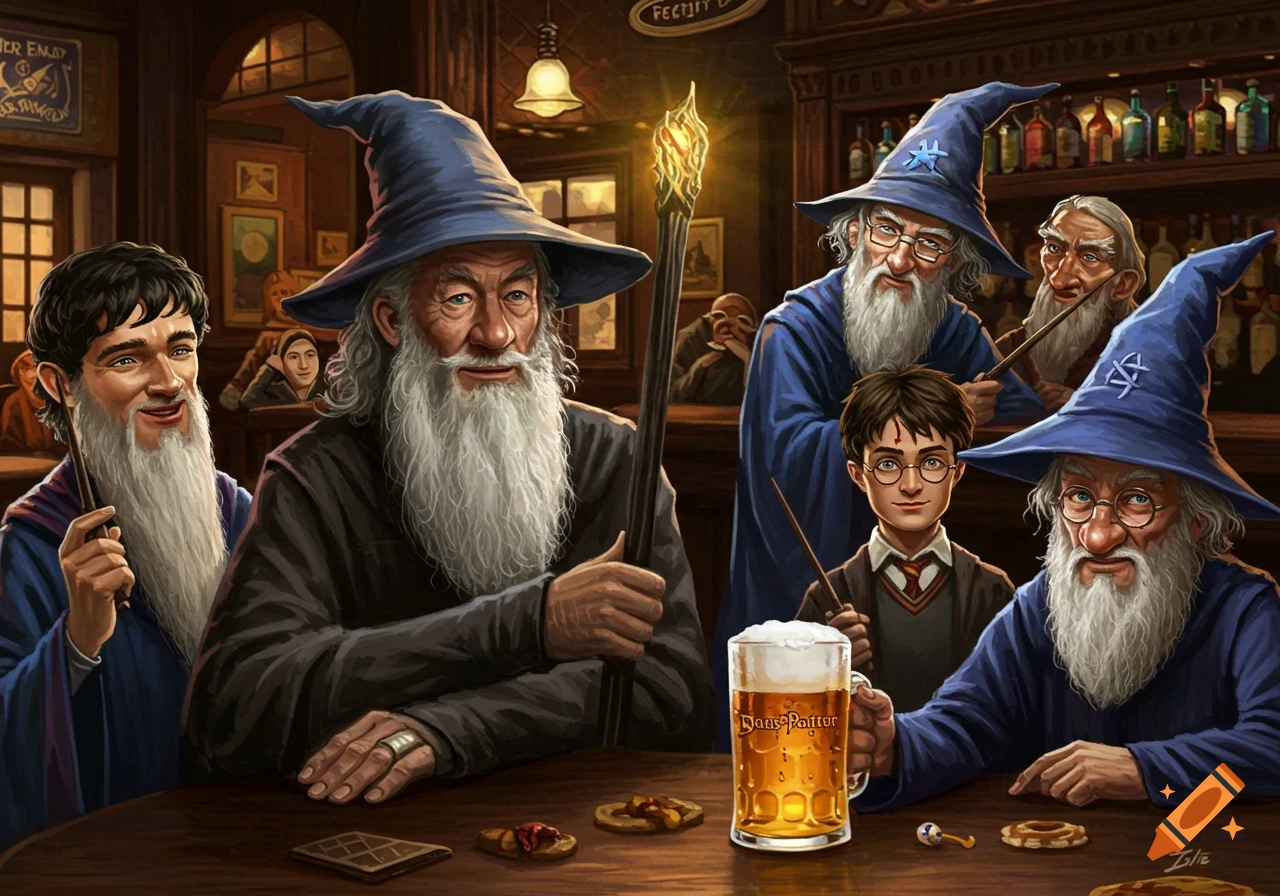 Gandalf, Merlin, Harry Potter, and Dumbledore sit at a pub table with ...