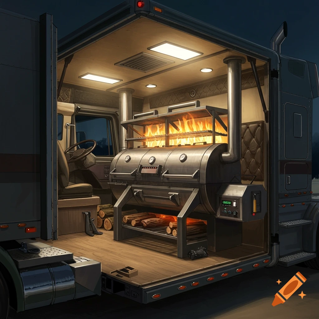 A large meat smoker cooking inside a semi-truck cab. on Craiyon