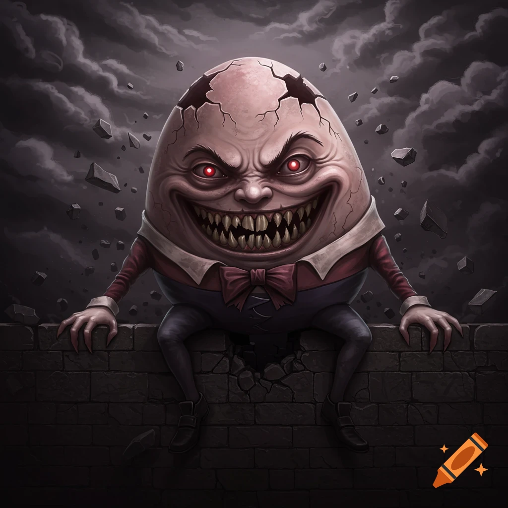 A scary, cracked egg character with sharp teeth and red eyes sits on a ...