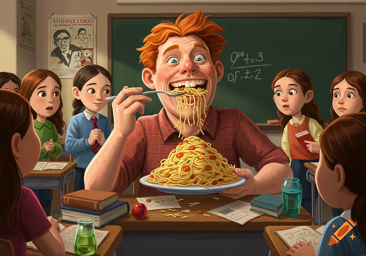 An illustration of a ginger teacher eating spaghetti from a large plate ...