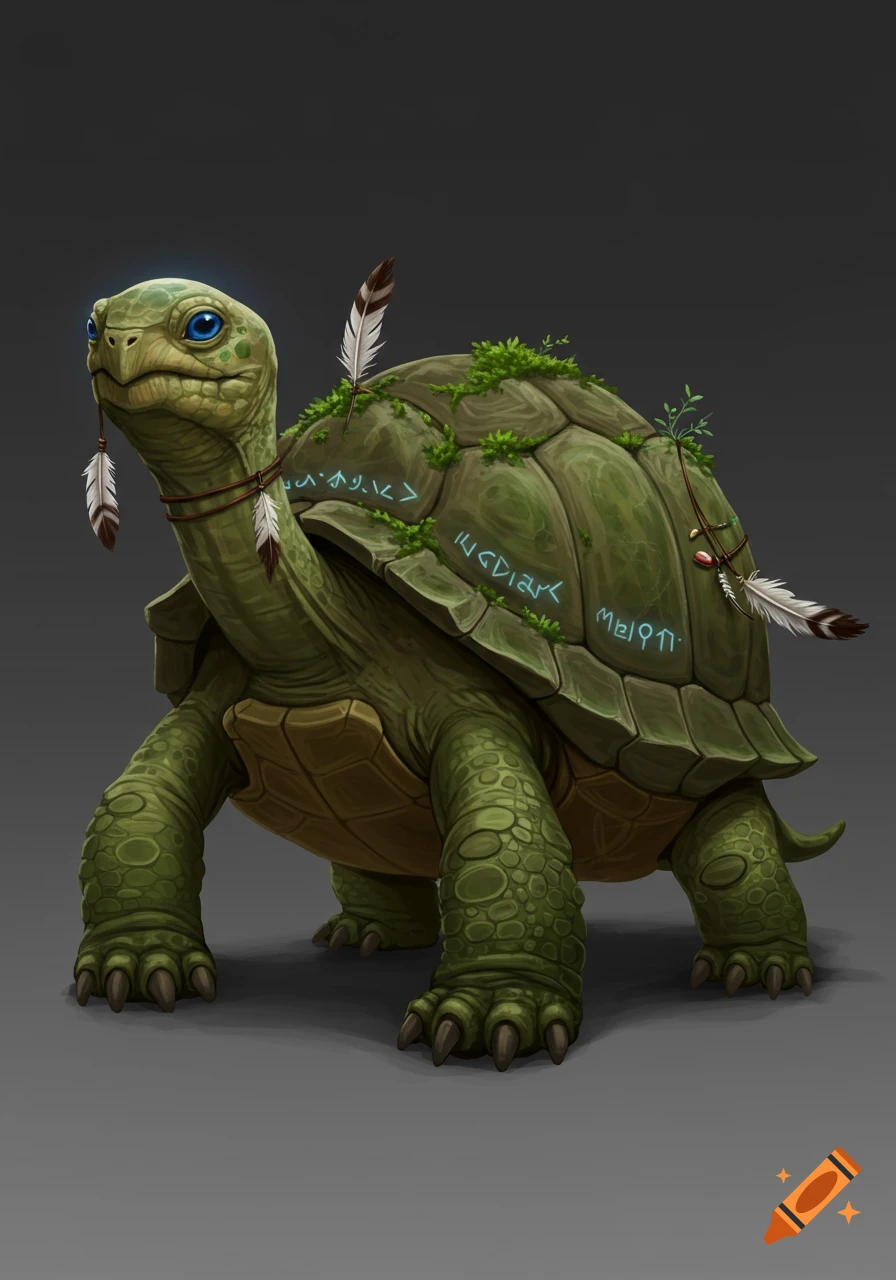 Illustration of a fantasy tortle with blue eyes, moss, feathers, and ...