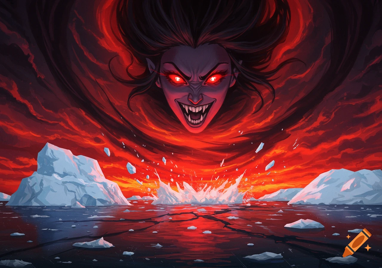 Monstrous face with red eyes over melting icebergs under a fiery red ...