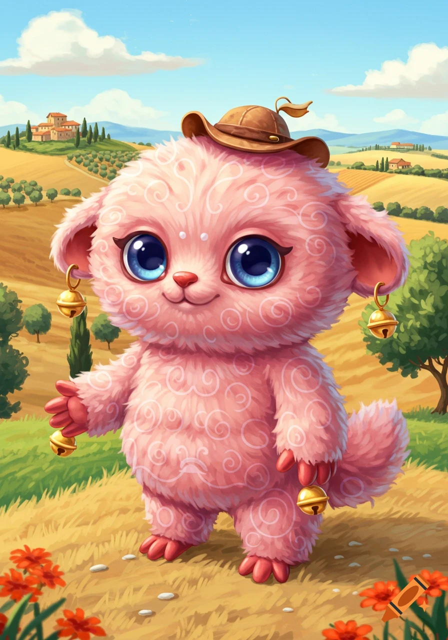 A cute pink fuzzy creature with a hat, big blue eyes, and bells in an ...
