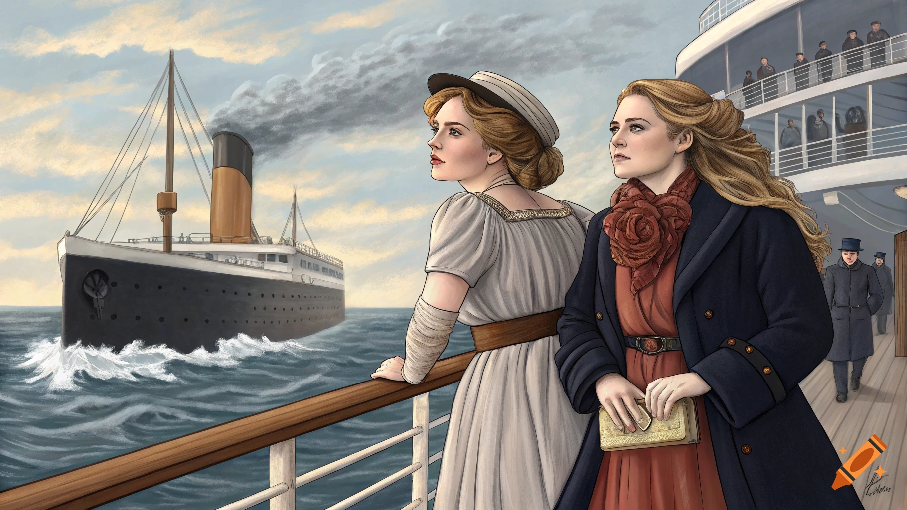 Two women look from a ship's deck towards another large ship on the ...