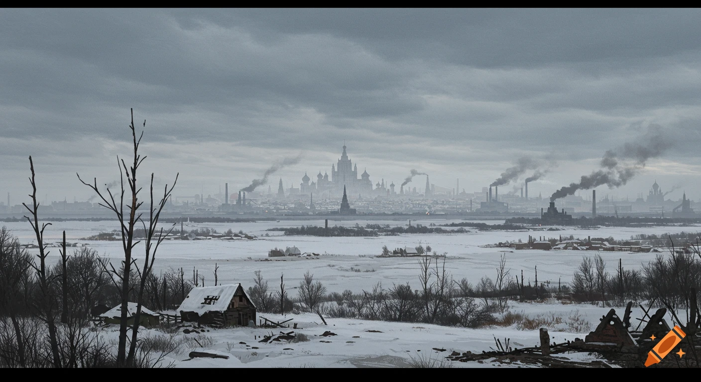 Snowy landscape with a ruined building in the foreground and a distant ...