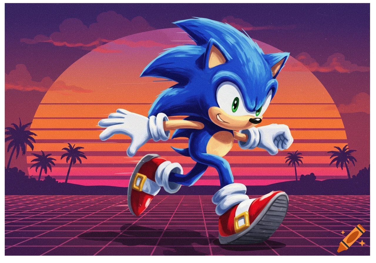 Sonic the Hedgehog runs on a grid plane with palm trees against a retro ...