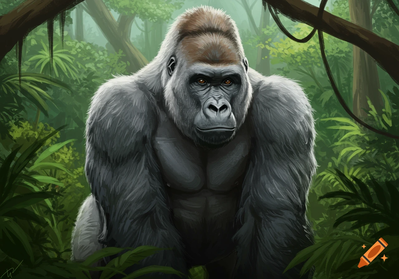An illustration of a silverback gorilla looking forward in a dense ...