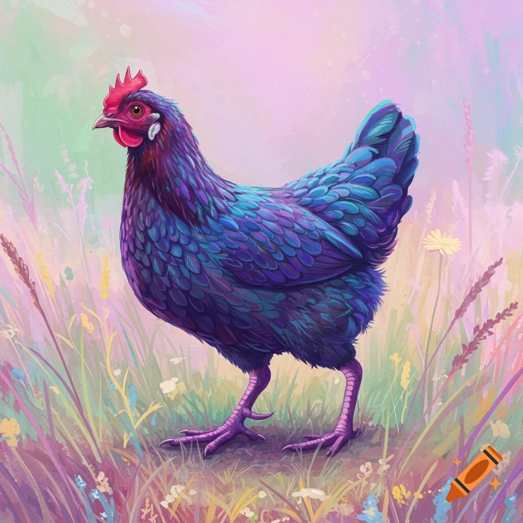 Colorful hen with blue and purple feathers stands in a field in a ...