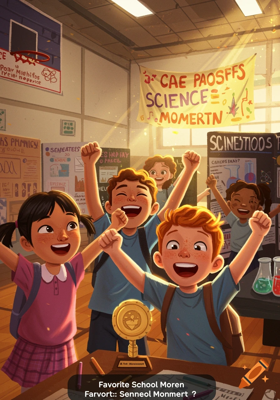 Diverse children celebrate with trophy in a school science fair setting ...