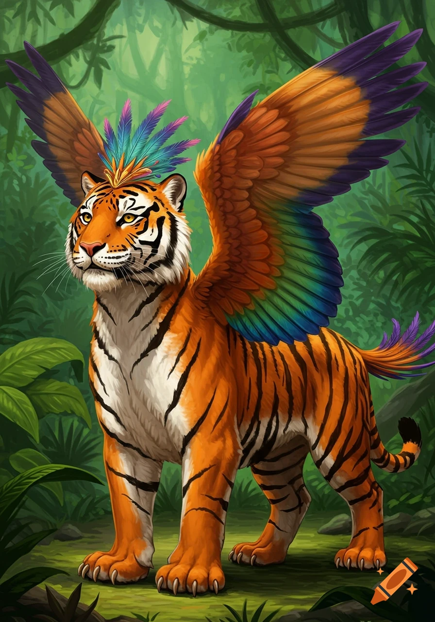 A tiger with large colorful wings and feathers stands in a jungle. on ...