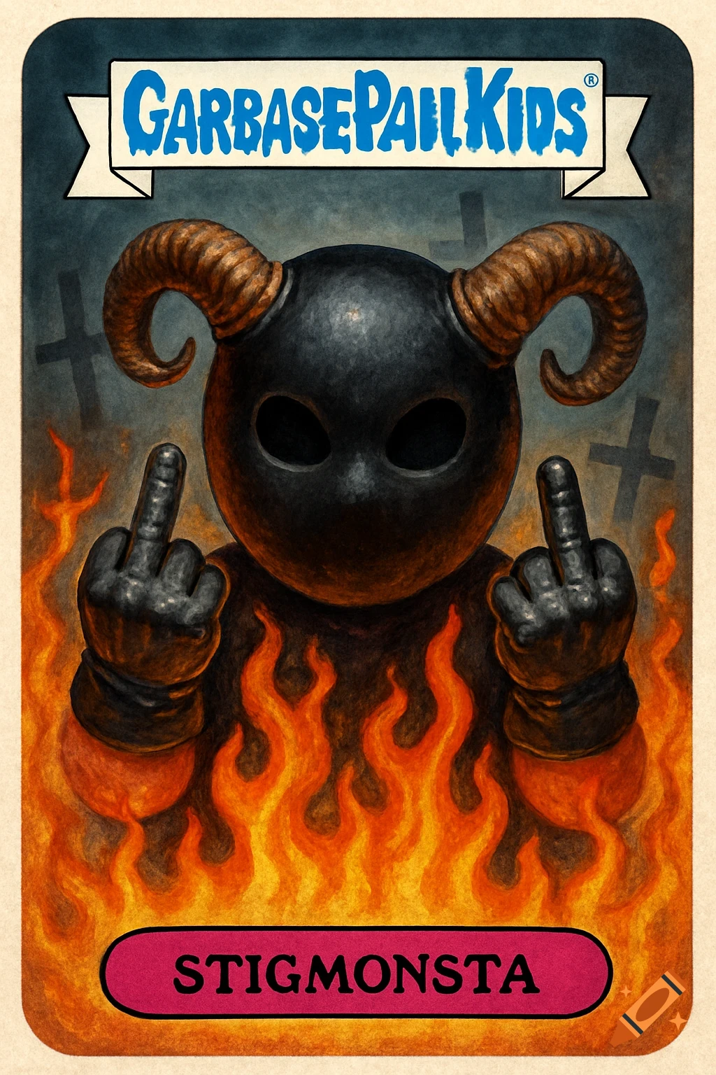 Illustration of a masked figure with horns giving middle fingers ...