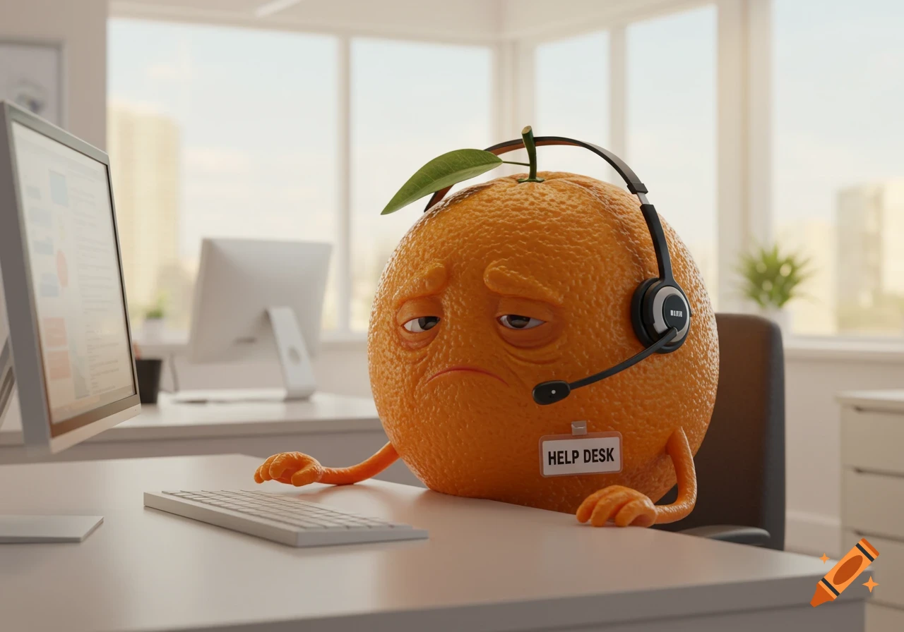 A sad orange character with a headset and Help Desk badge sits at an ...