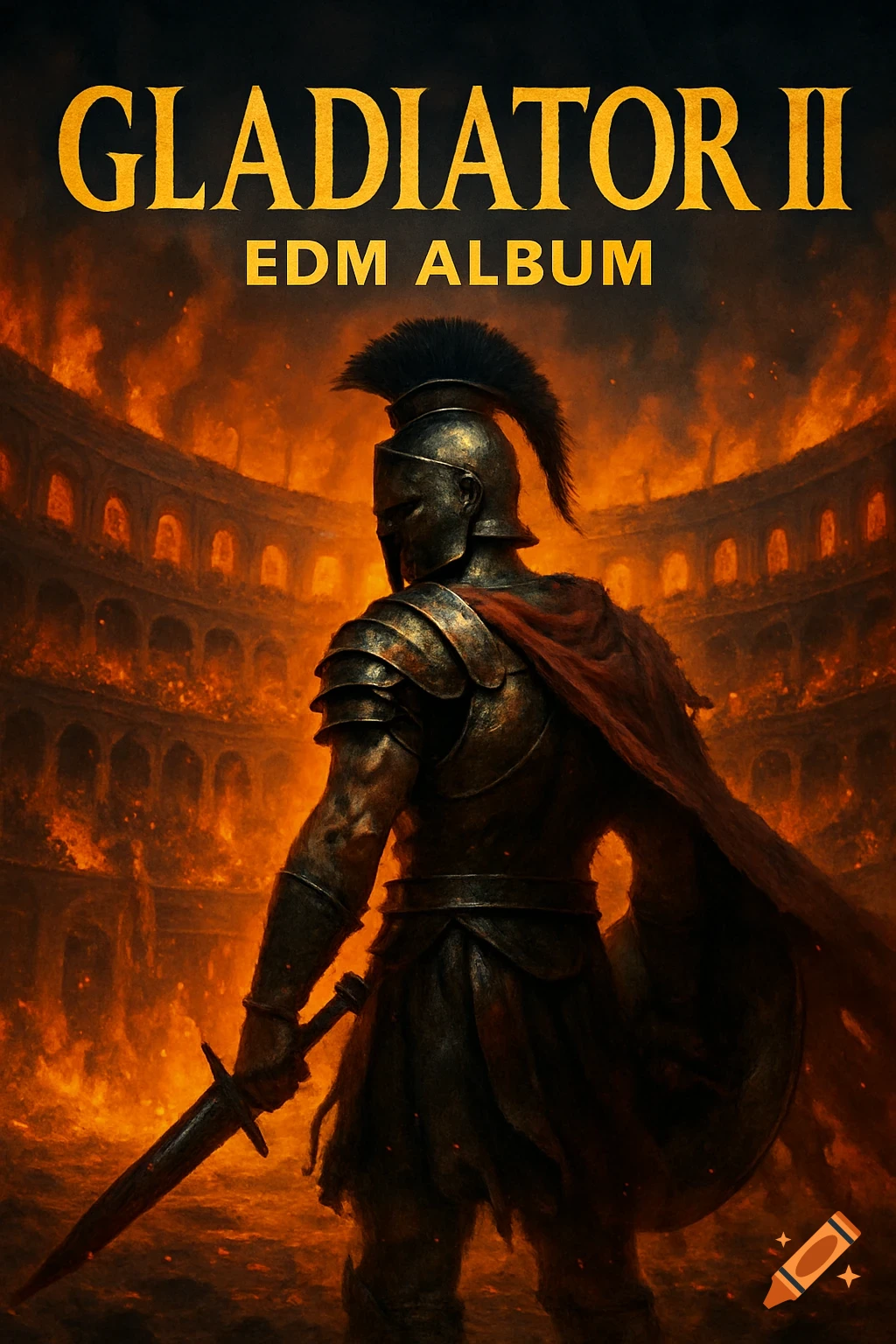 Dramatic fantasy art of a gladiator in armor holding a sword in a fiery ...