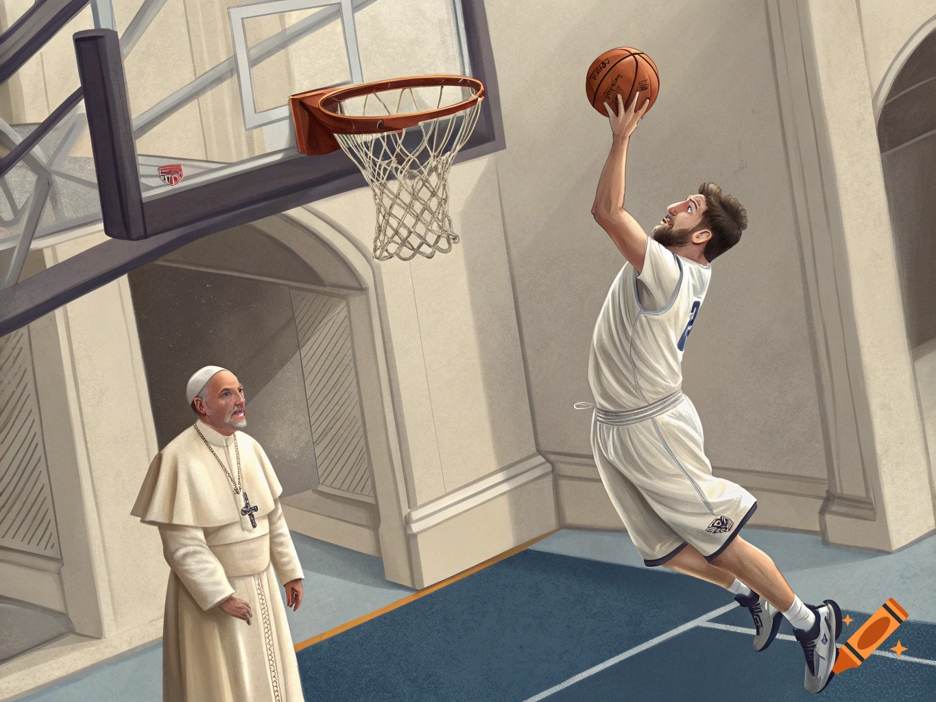 Illustration of JD Vance dunking a basketball as Pope Francis watches ...