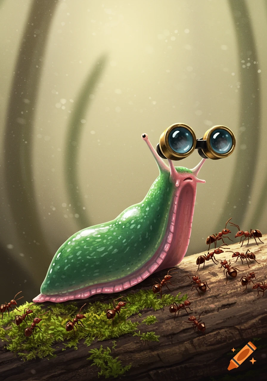 A cartoon slug wearing binoculars watches ants on a log. on Craiyon