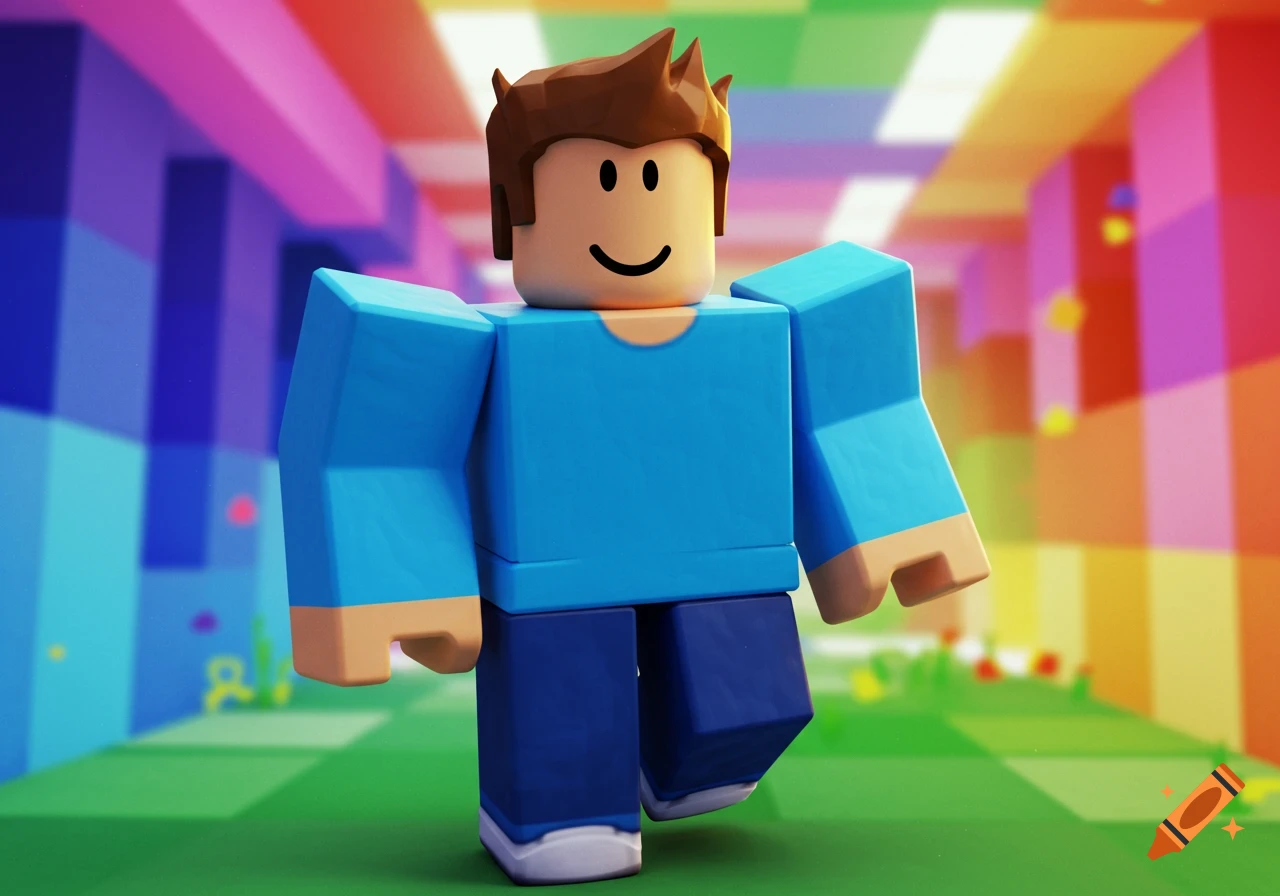 A Roblox noob character stands in a colorful, blocky hallway. on Craiyon