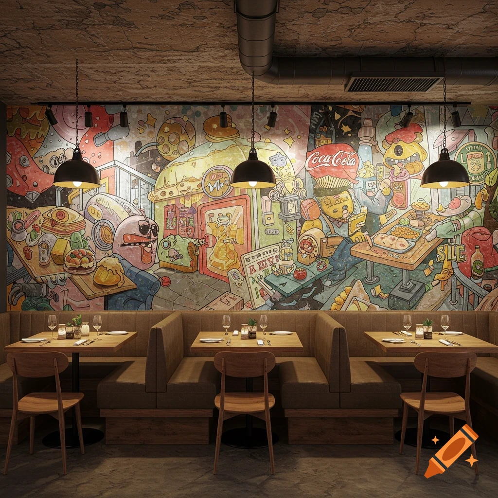 Restaurant interior with a large, colorful cartoon mural on the wall ...