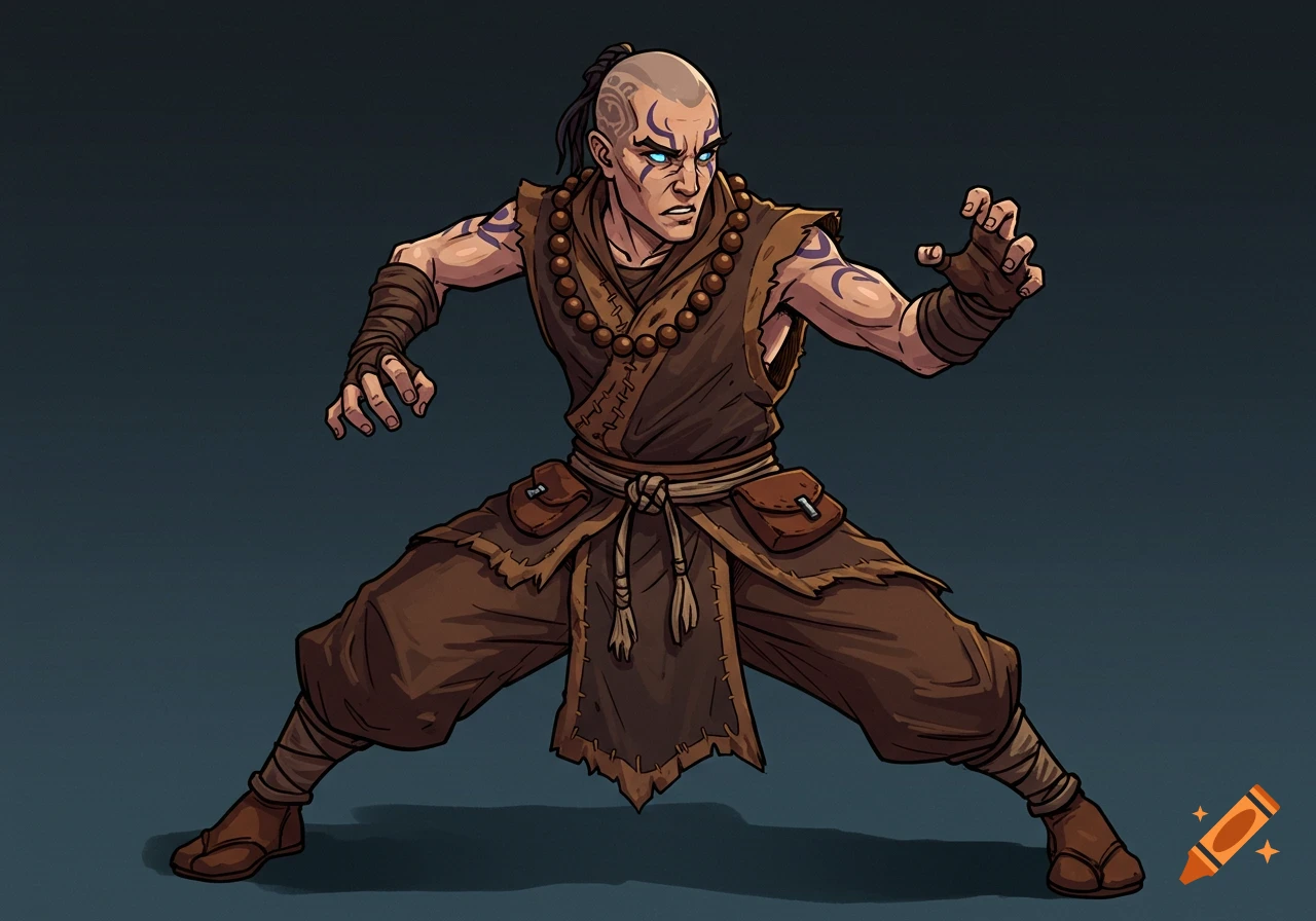 Illustration of a male monk character in a fighting pose. on Craiyon