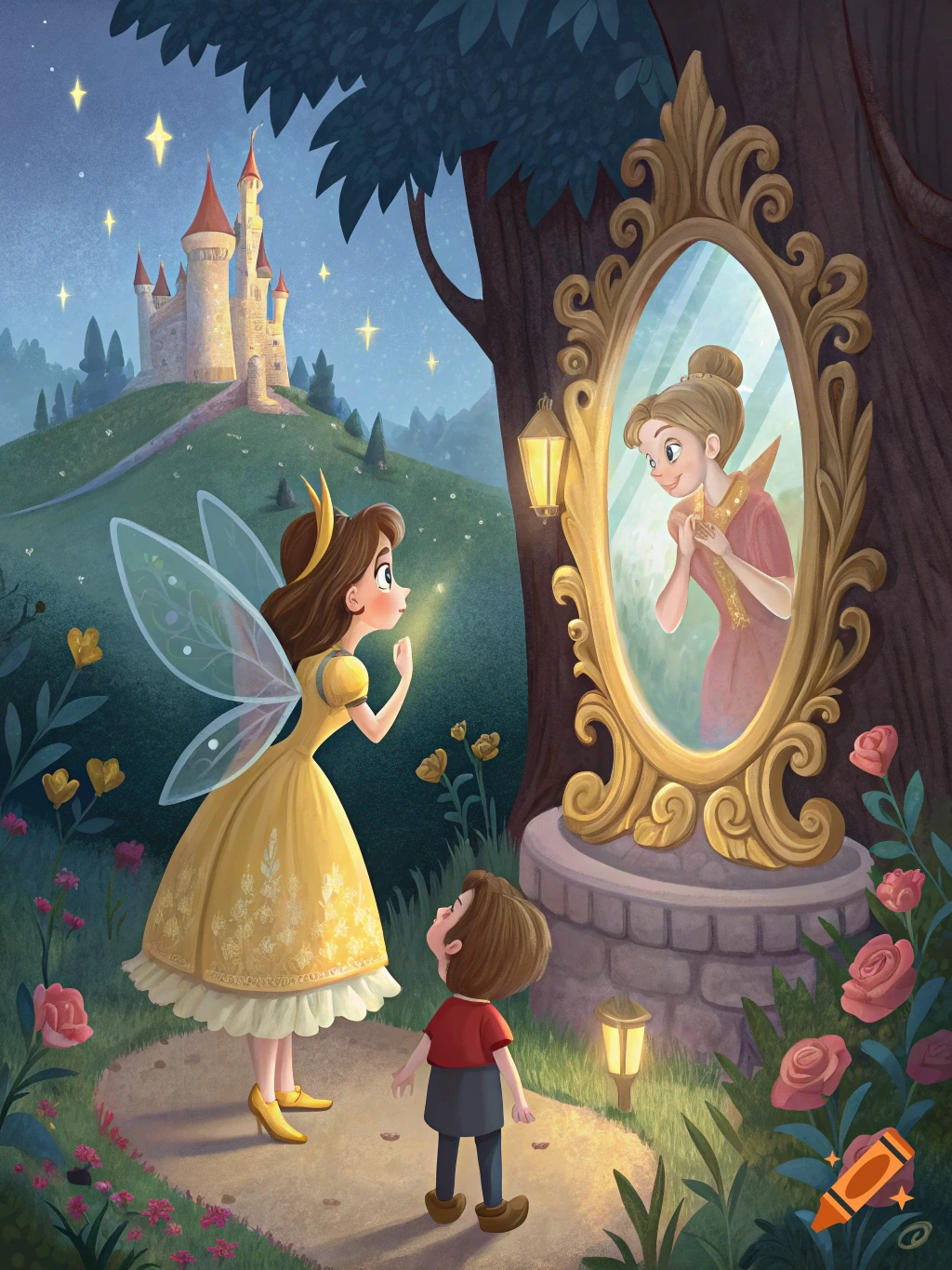 A fairy and a child look into a magical mirror in a garden with a ...