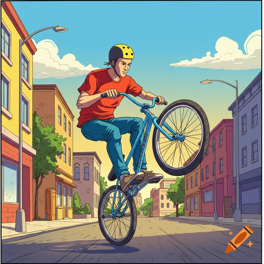 Cartoon illustration of a person doing a wheelie on a bike in a city ...