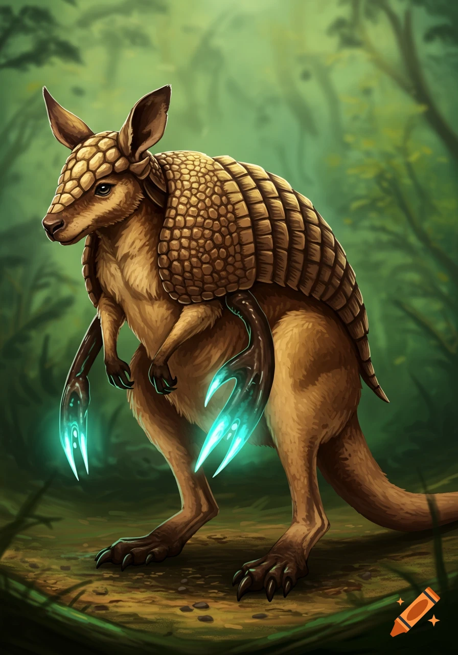 A fantasy creature, a mix of wallaby and armadillo, stands in a forest with glowing claws. on ...