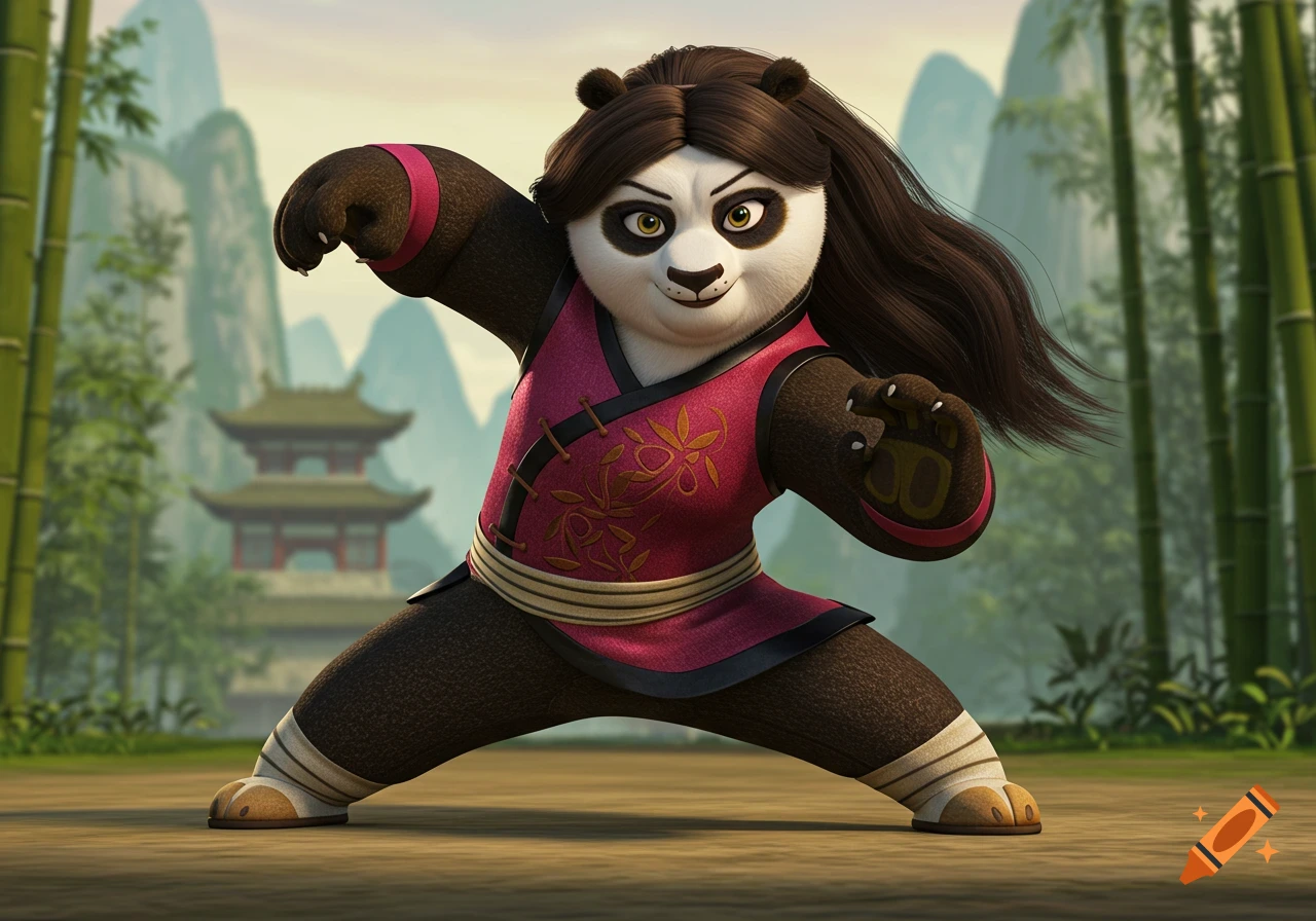 A female panda cartoon character in a kung fu pose wearing a pink and ...