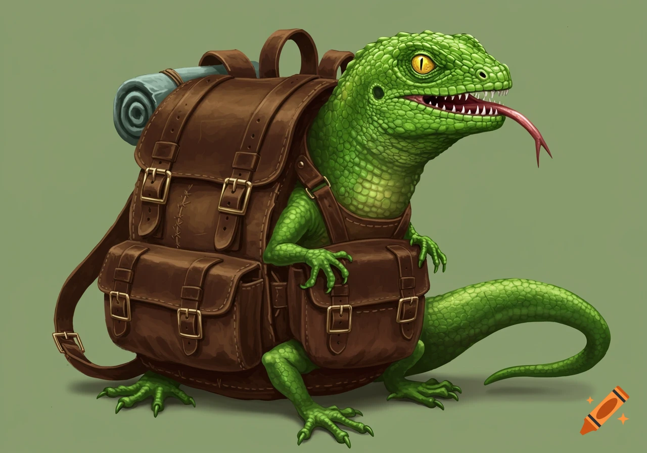 A green lizard creature wearing a brown leather backpack. on Craiyon
