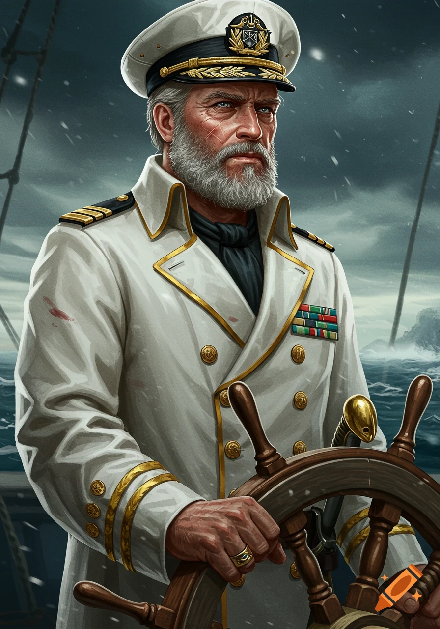Portrait of a stern-faced captain in uniform steering a ship during a ...
