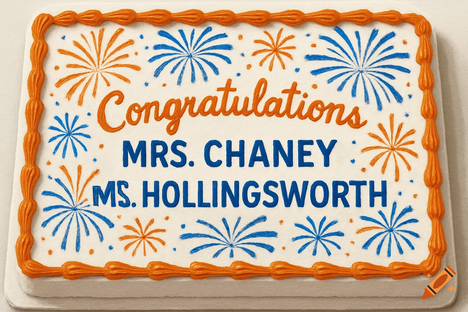 A white rectangular cake with orange frosting border, blue and orange fireworks, and text ...