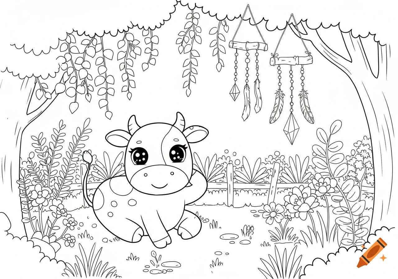 Kawaii chibi cow in a garden with hanging plants and wind chimes ...