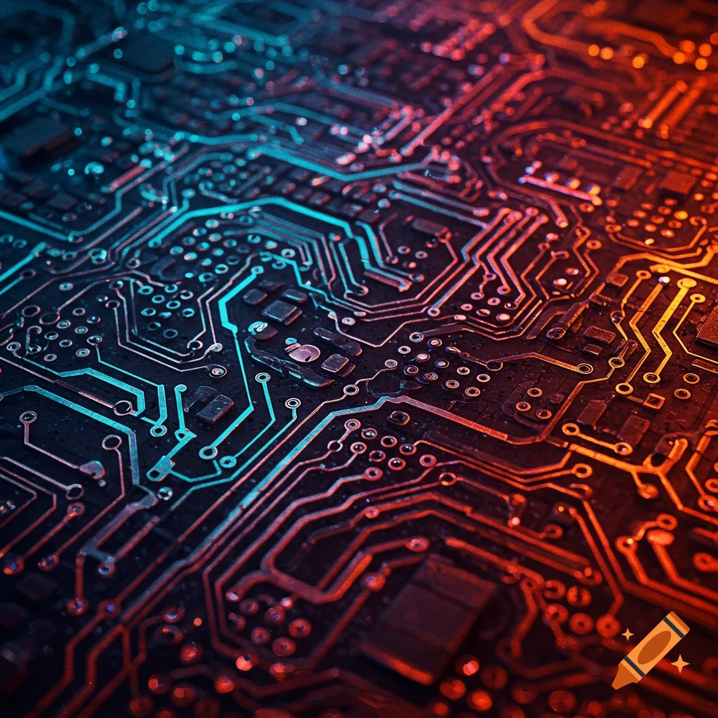 Close-up view of a circuit board with glowing red and blue traces. on Craiyon