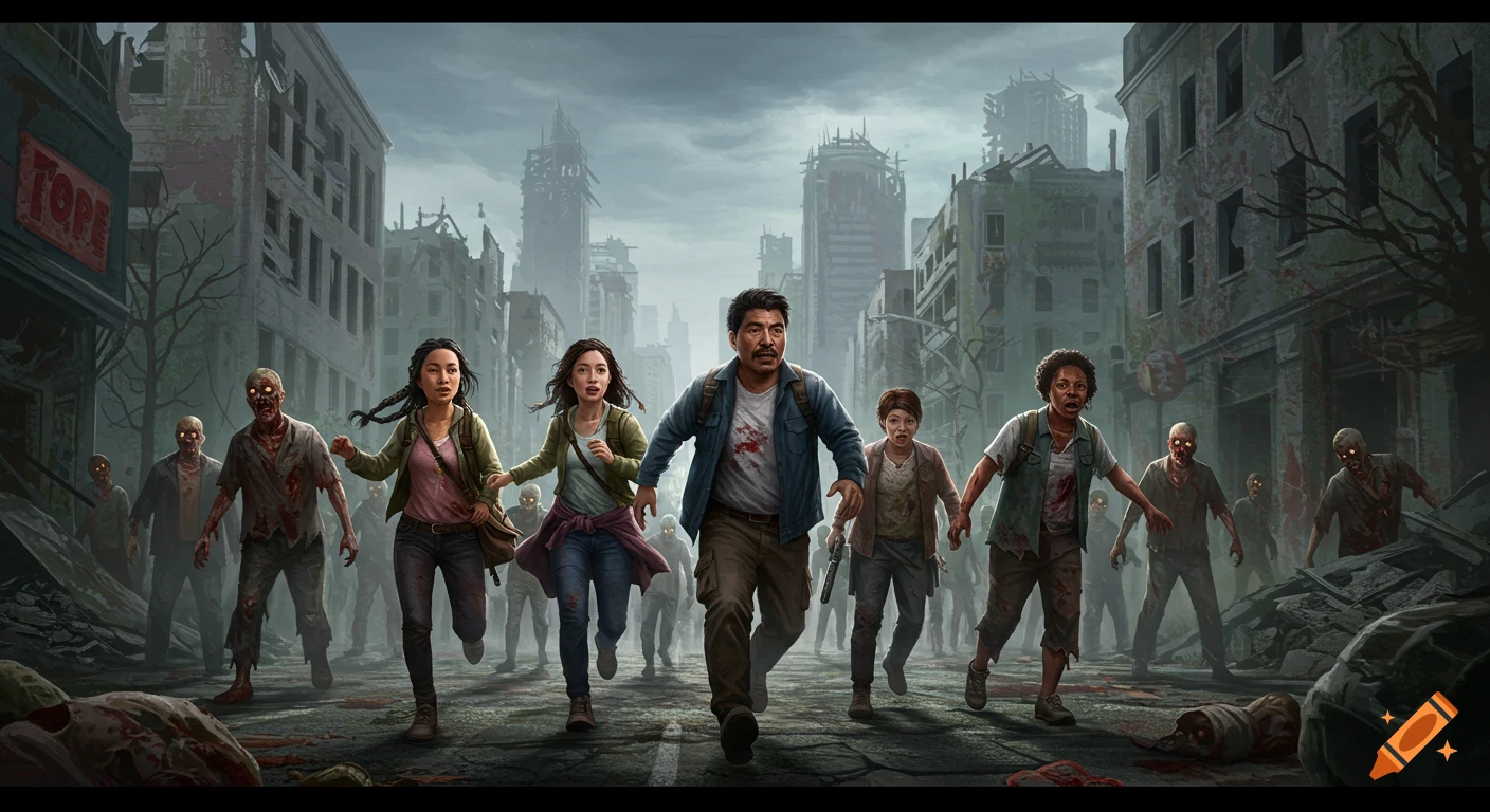 Illustration of a group of people running through a ruined city street, pursued by zombies. on ...