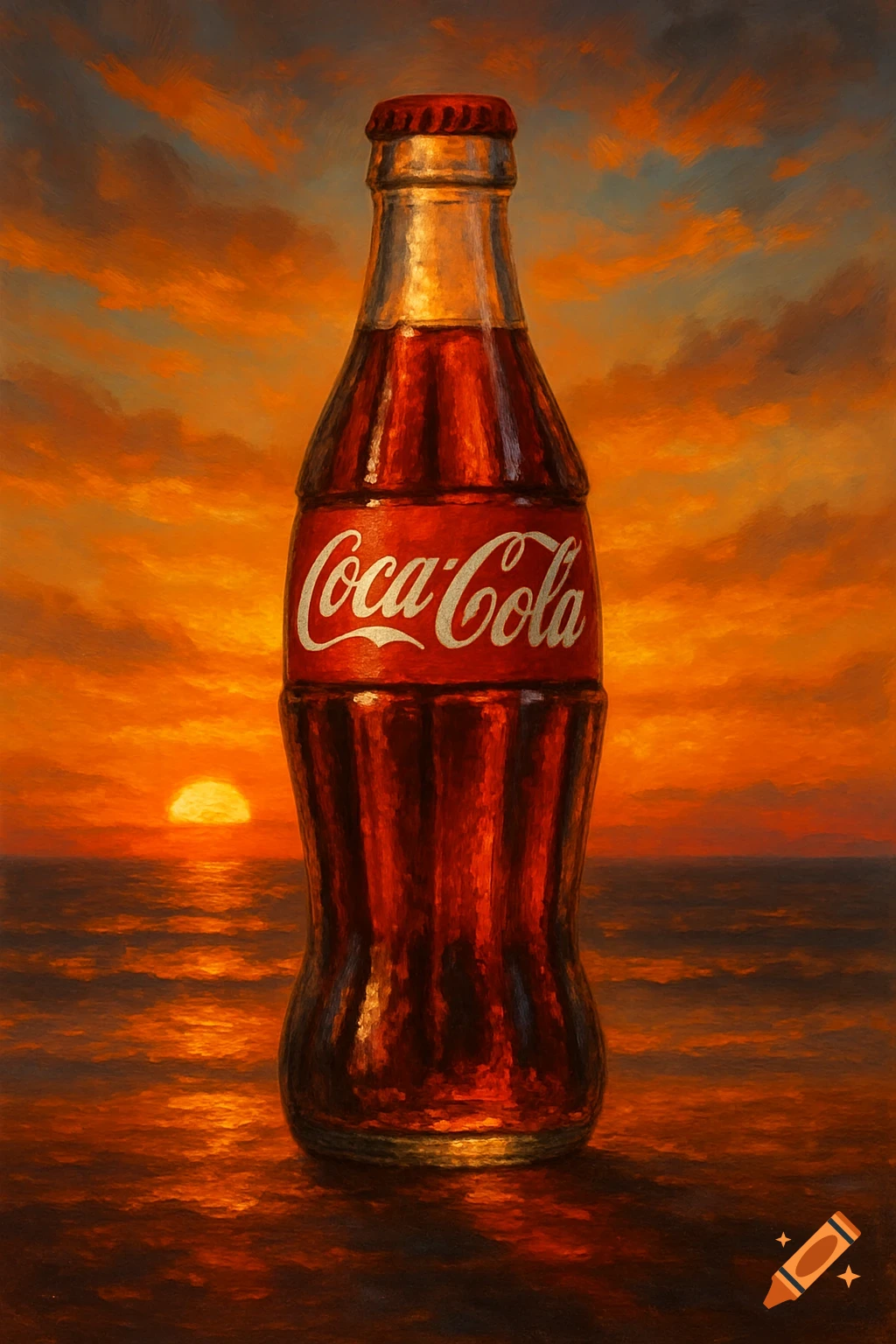 An oil painting of a Coca-Cola bottle at sunset over the ocean. on Craiyon