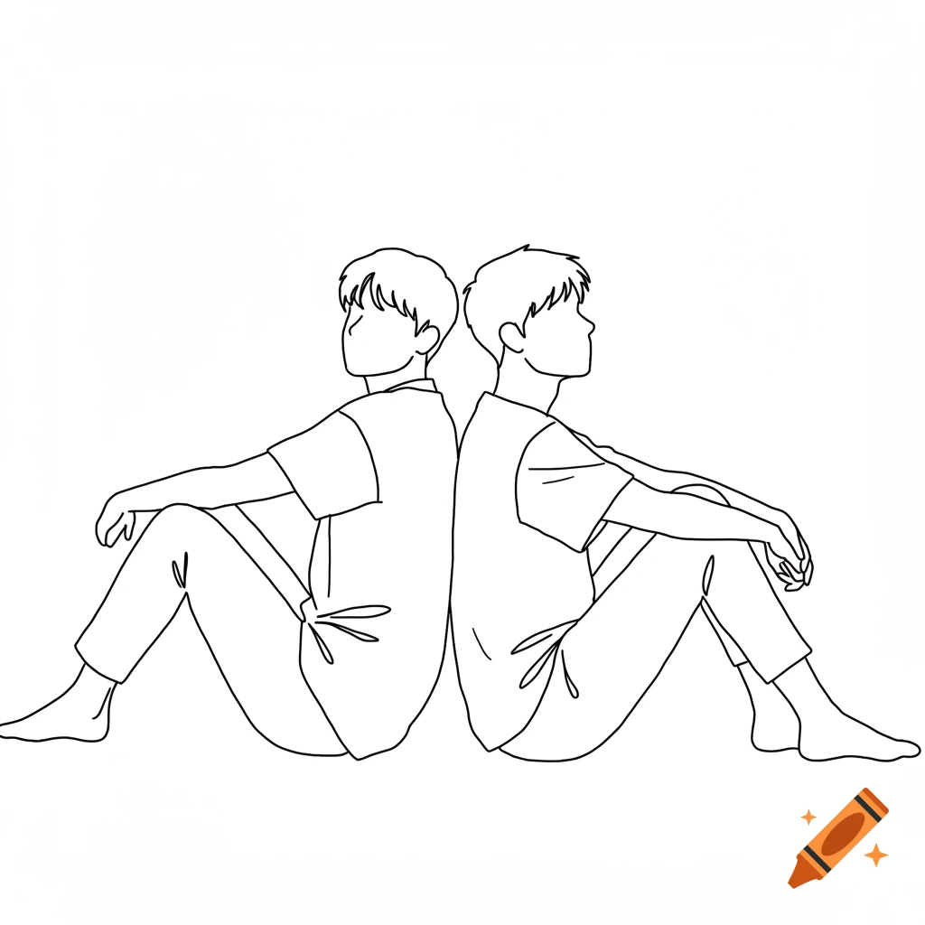 Black outline drawing of two young people sitting back to back. on Craiyon